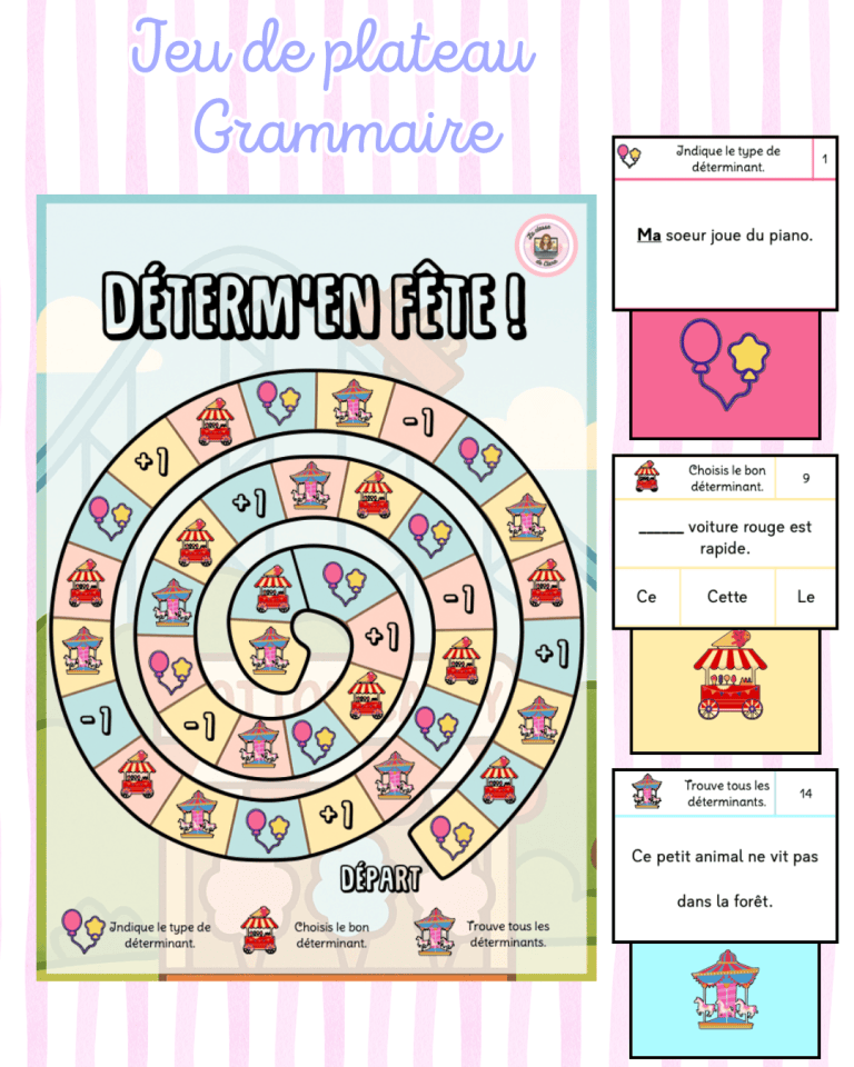 Déterm’en fête ! – Jeu de plateau (Grammaire) – La classe de Clara